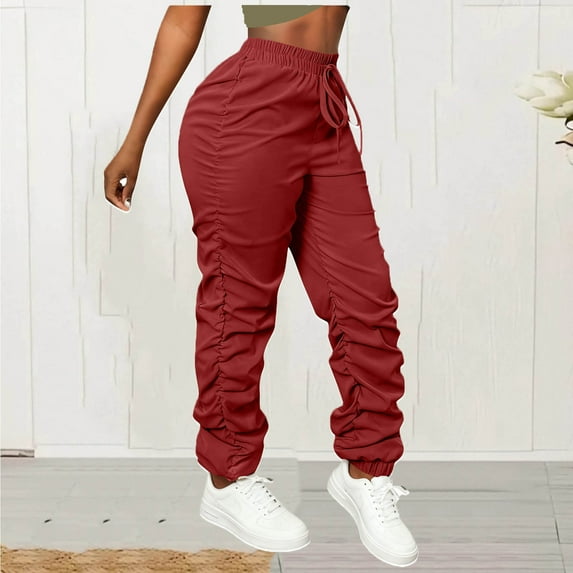 ClodeEU Women's Pleated Stretch Waist Cargo Joggers with Pockets ,Baggy Sweat Pants Red,Womens ...