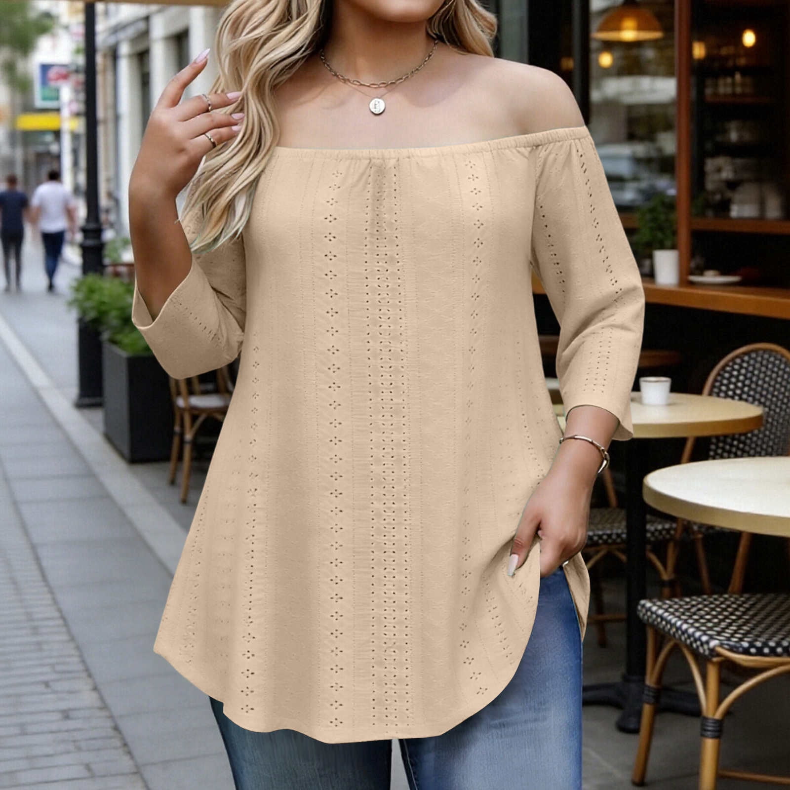 ClodeEU Women's Plus Size Crochet Lace Off Shoulder Top,Ruff Hem /3/4 ...