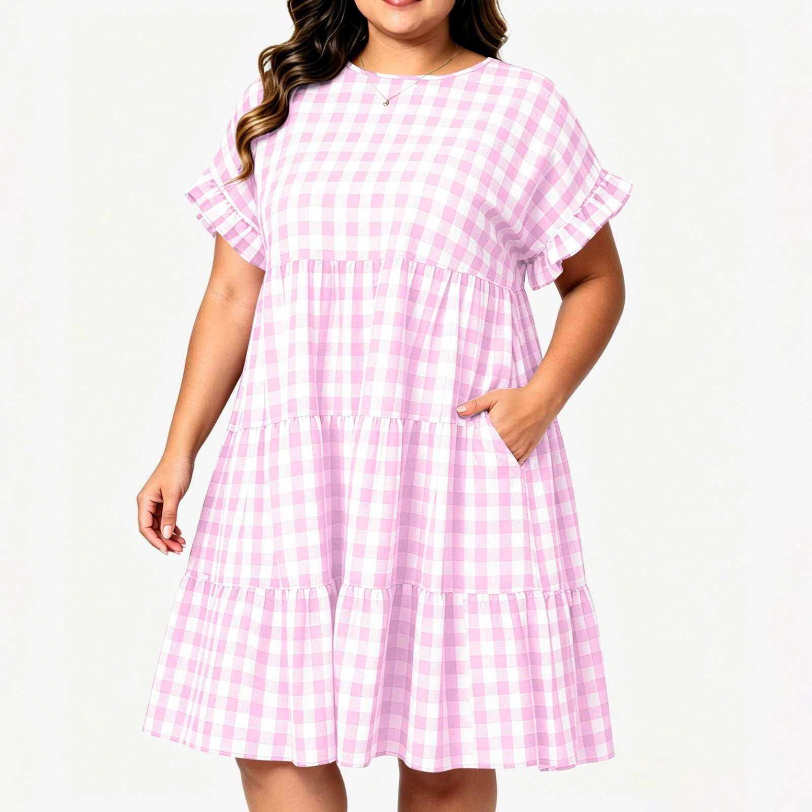 ClodeEU Women's Plus Size Round Neck Short Sleeve Plaid Midi Dress ...
