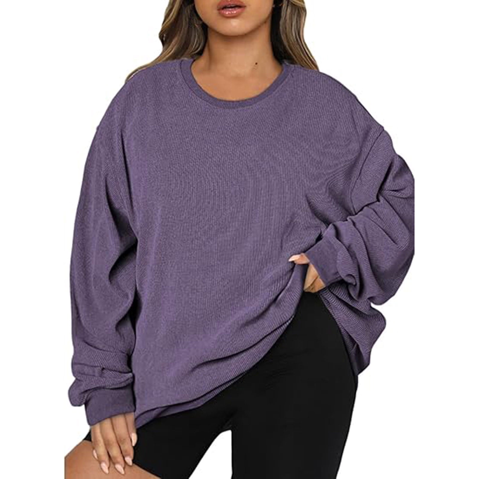ClodeEU Women's Plus Size Solid Color Corduroy Crewneck Pullover,Long ...