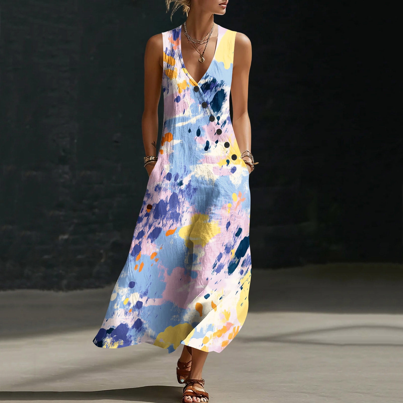 ClodeEU Women's Printed V Neck Sleeveless Flowy Dress ,Casual Summer ...