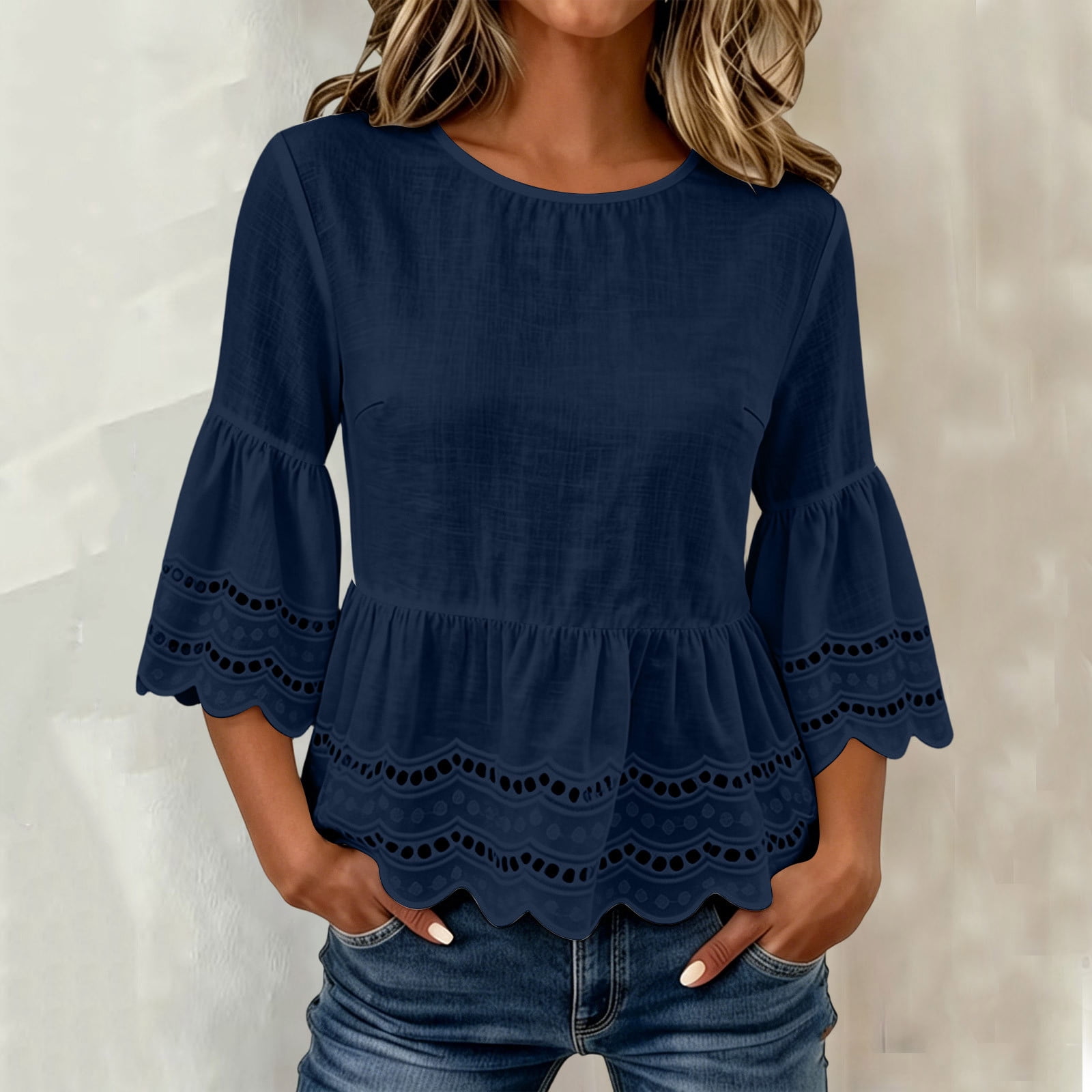 ClodeEU Women's Round Neck Bell 3/4 Sleeve Linen Blend Blouse,Casual ...