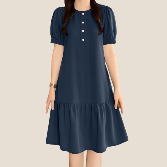 ClodeEU Women's Round Neck Puff Short Sleeve Button Ruffle Hem Midi ...