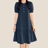 ClodeEU Women's Round Neck Puff Short Sleeve Button Ruffle Hem Midi ...