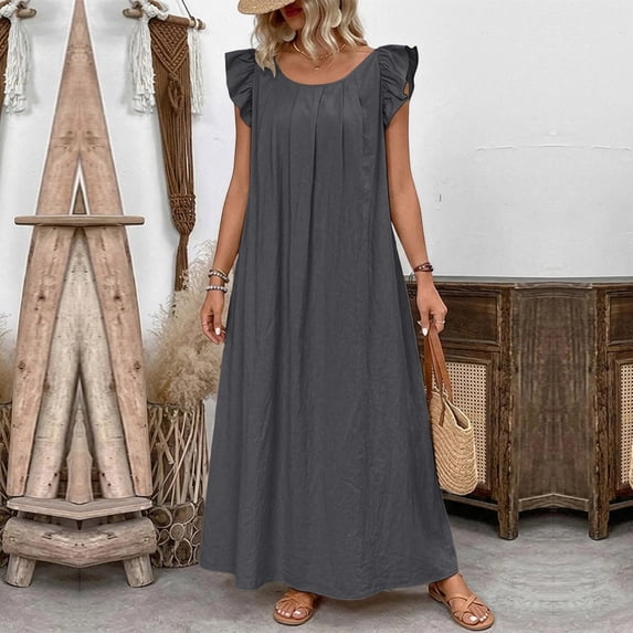 ClodeEU Women's Round Neck Ruffle Cap Sleeve Maxi Dress, Casual Loose ...