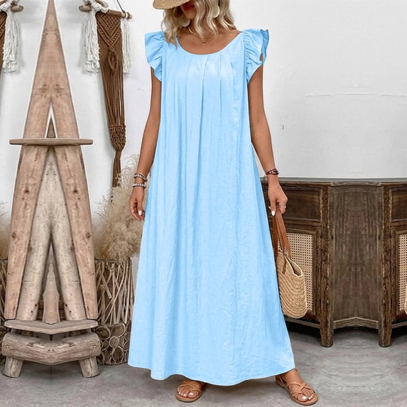 ClodeEU Women's Round Neck Ruffle Cap Sleeve Maxi Dress, Casual Loose ...