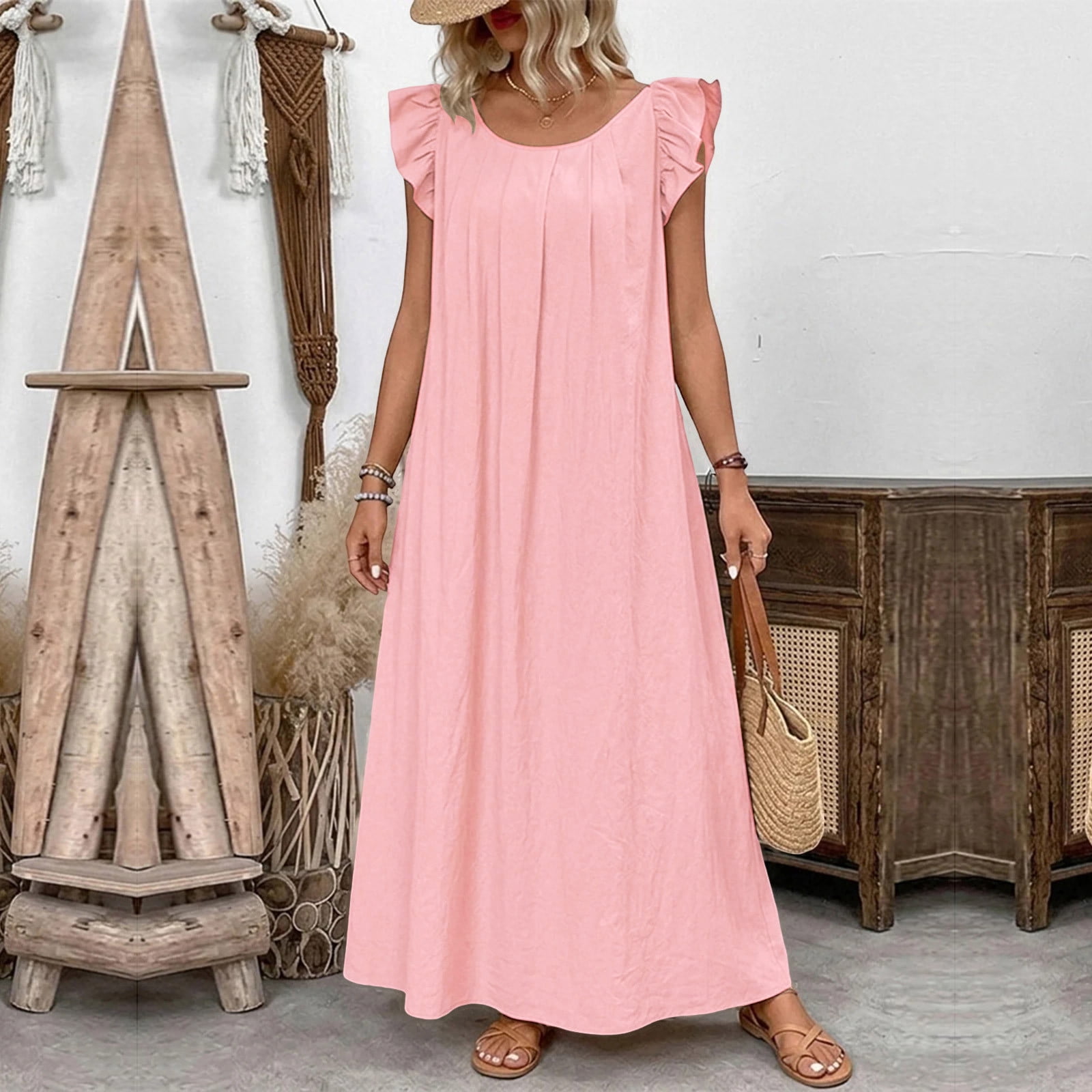 ClodeEU Women's Round Neck Ruffle Cap Sleeve Maxi Dress, Casual Loose ...