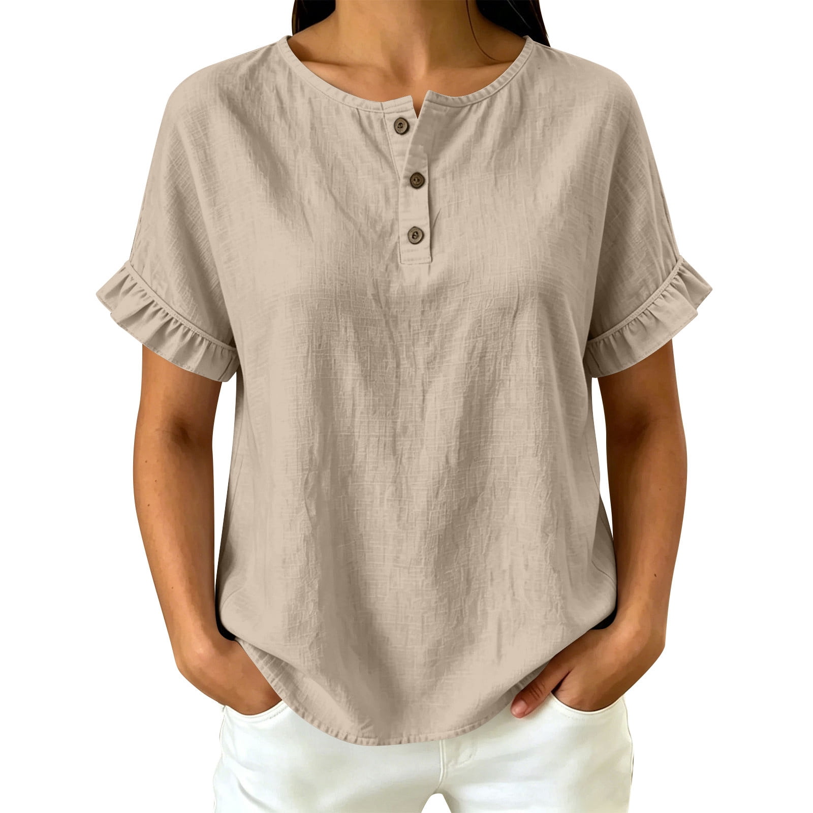 ClodeEU Women's Round Neck Short Sleeve Button T-Shirt with Ruffle ...