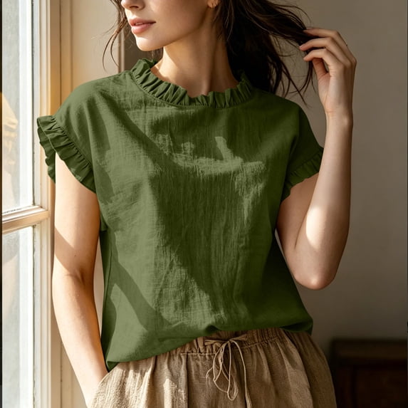 ClodeEU Women's Round Neck Short Sleeve Ruff Trim T-Shirt,Casual Loose ...