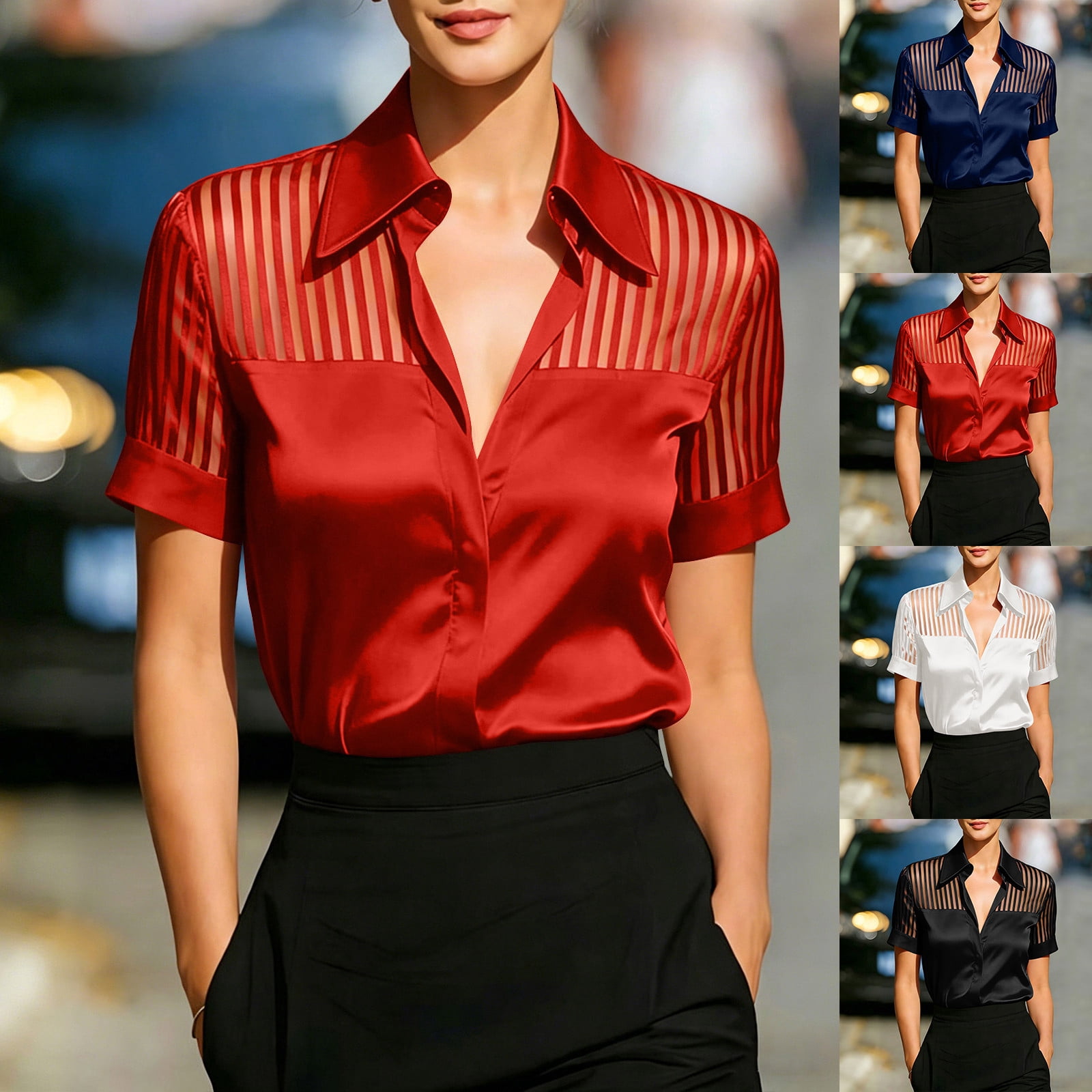 ClodeEU Women's Satin Collared Short Sleeve Blouse,Fitted V-Neck Dress ...