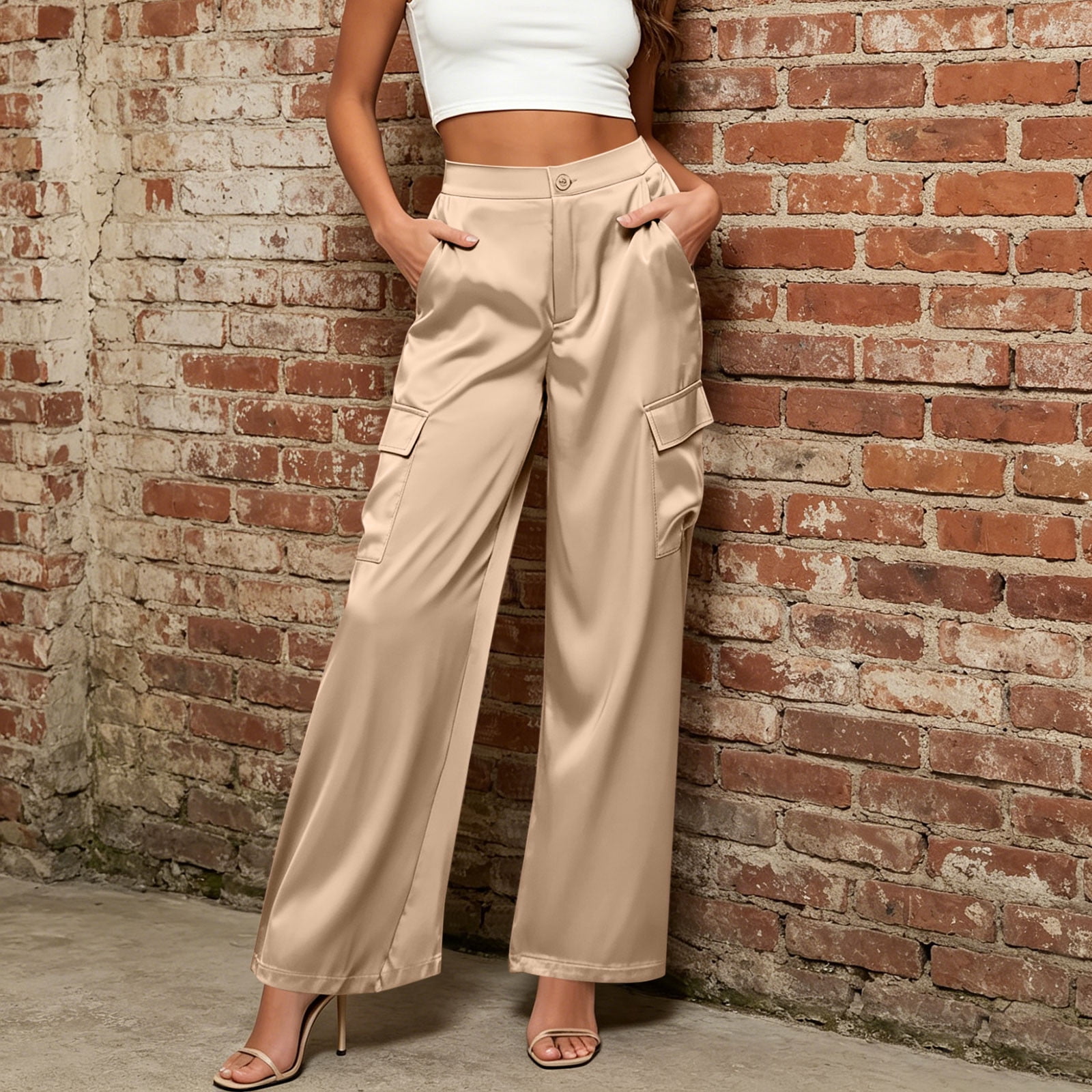 ClodeEU Women's Satin High Waist Wide Leg Cargo Pants,Solid Color ...