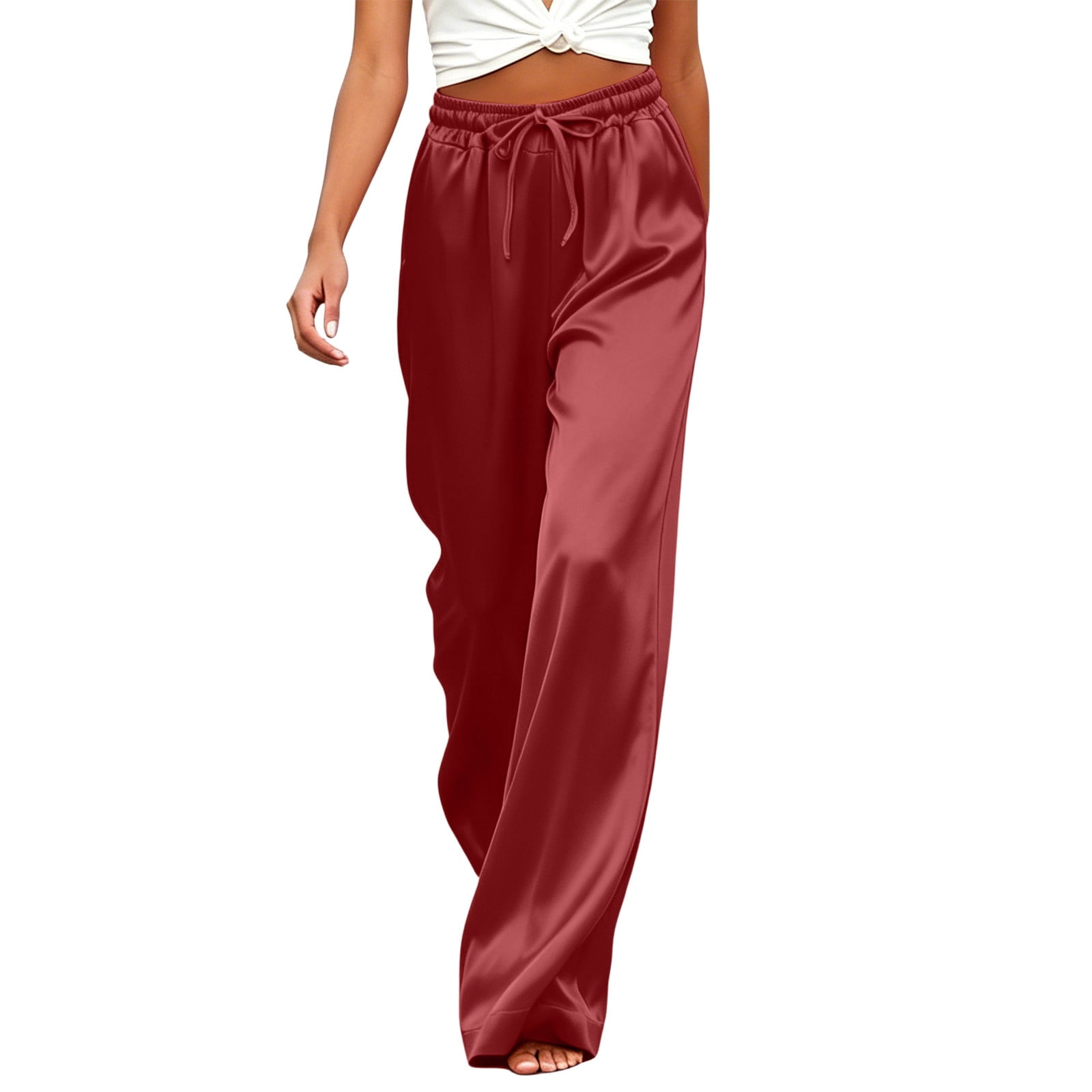 ClodeEU Women's Satin High Waist Wide Leg Pants with Drawstring,Casual ...