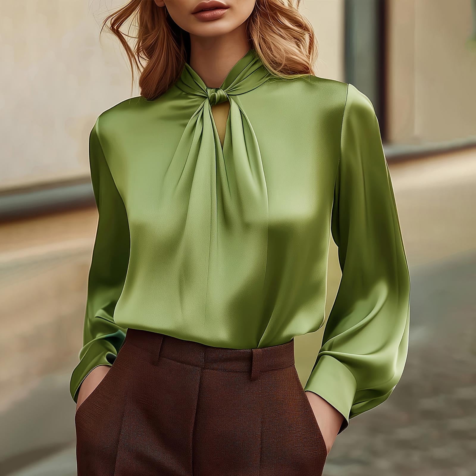 ClodeEU Women's Satin Top with Knot,Solid Color V-Neck Long Sleeve ...