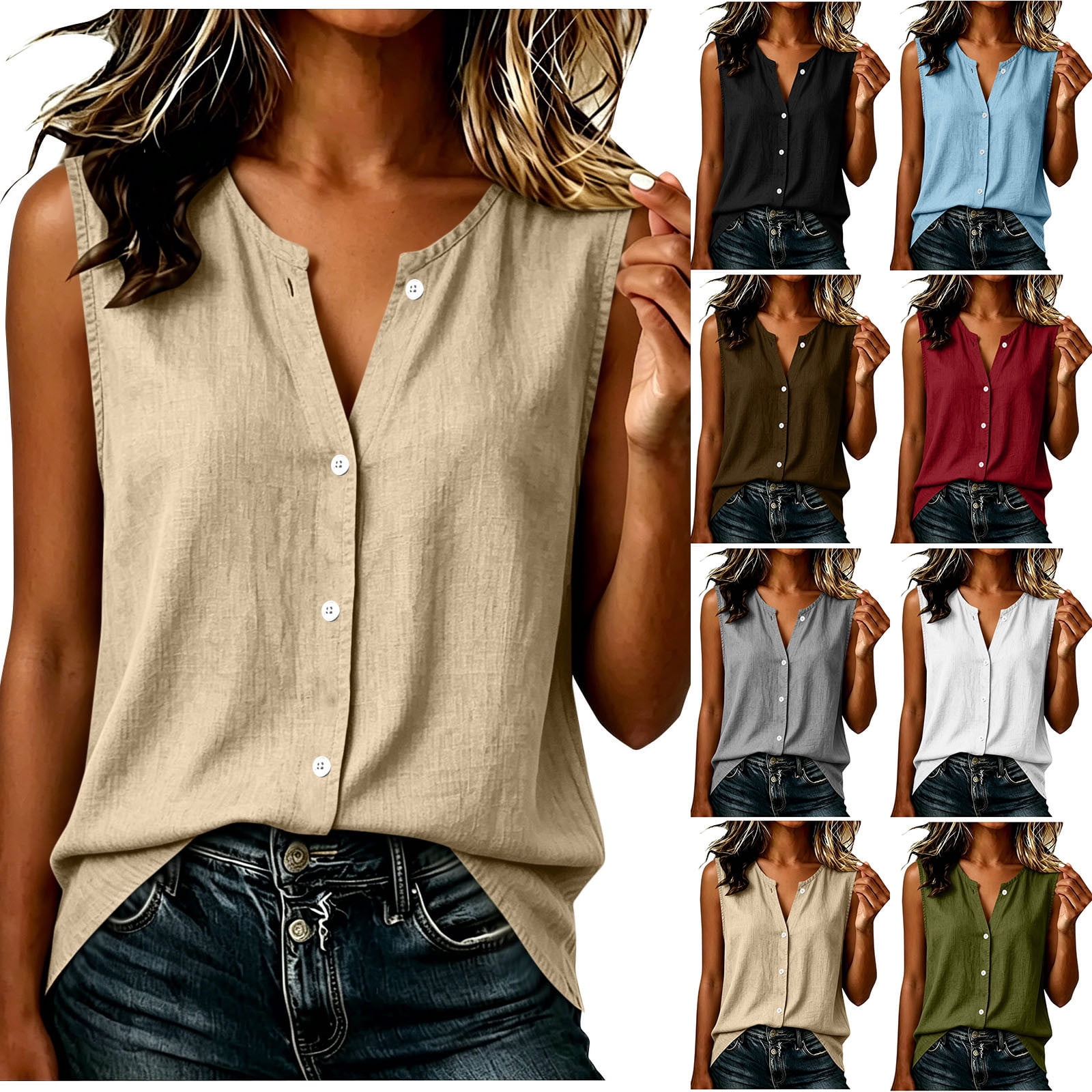 ClodeEU Women's Sleeveless V Neck Button Down Blouse,Casual Solid Color ...