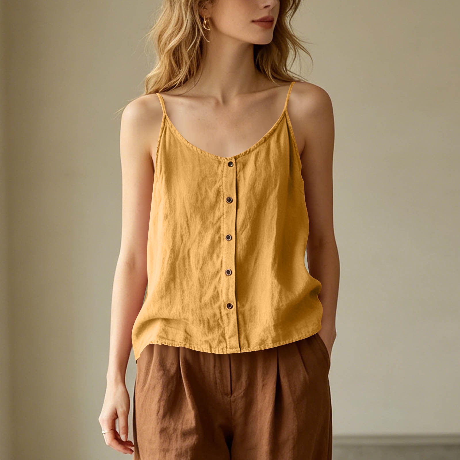 ClodeEU Women's Sleeveless V Neck Button Down Linen Blend Tank Top ...