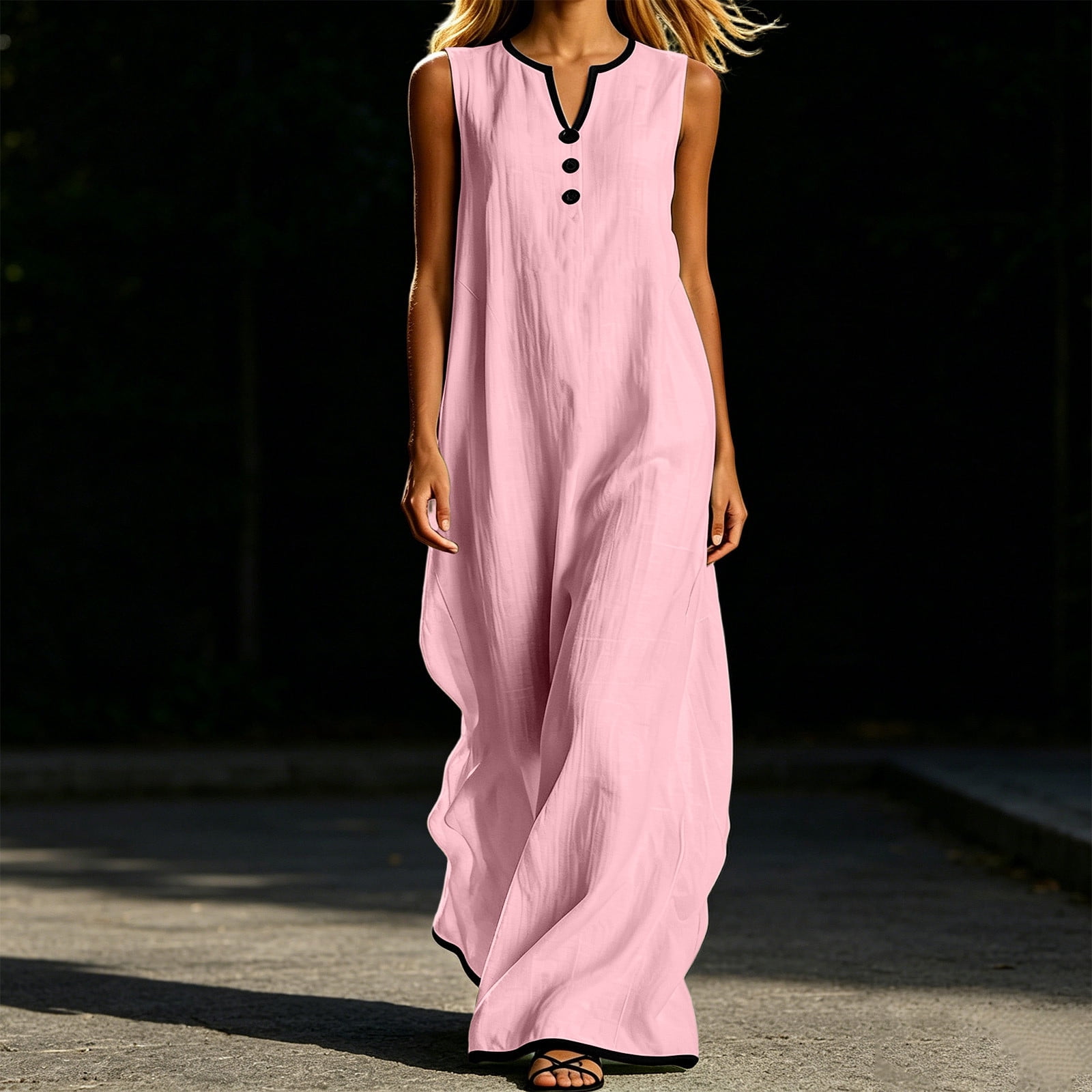 ClodeEU Women's Sleeveless V Neck Henley Button Maxi Dress,Casual Loose ...