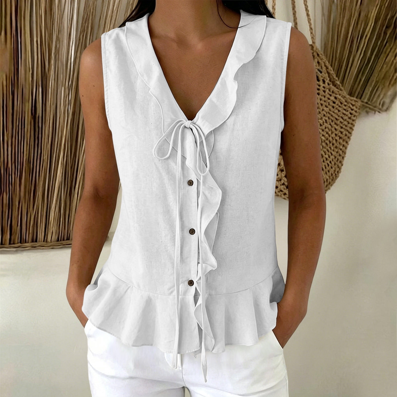 ClodeEU Women's Sleeveless V Neck Tie Button Top with Ruffle Trim ...