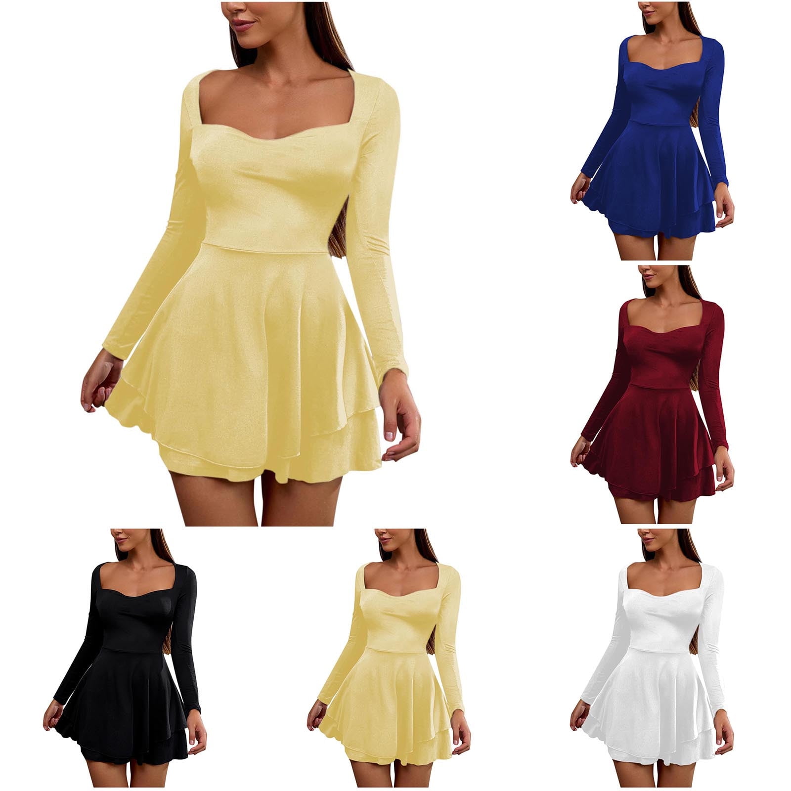 ClodeEU Women's Square Neck Long Sleeve Fit Mini Dress with Tiered ...