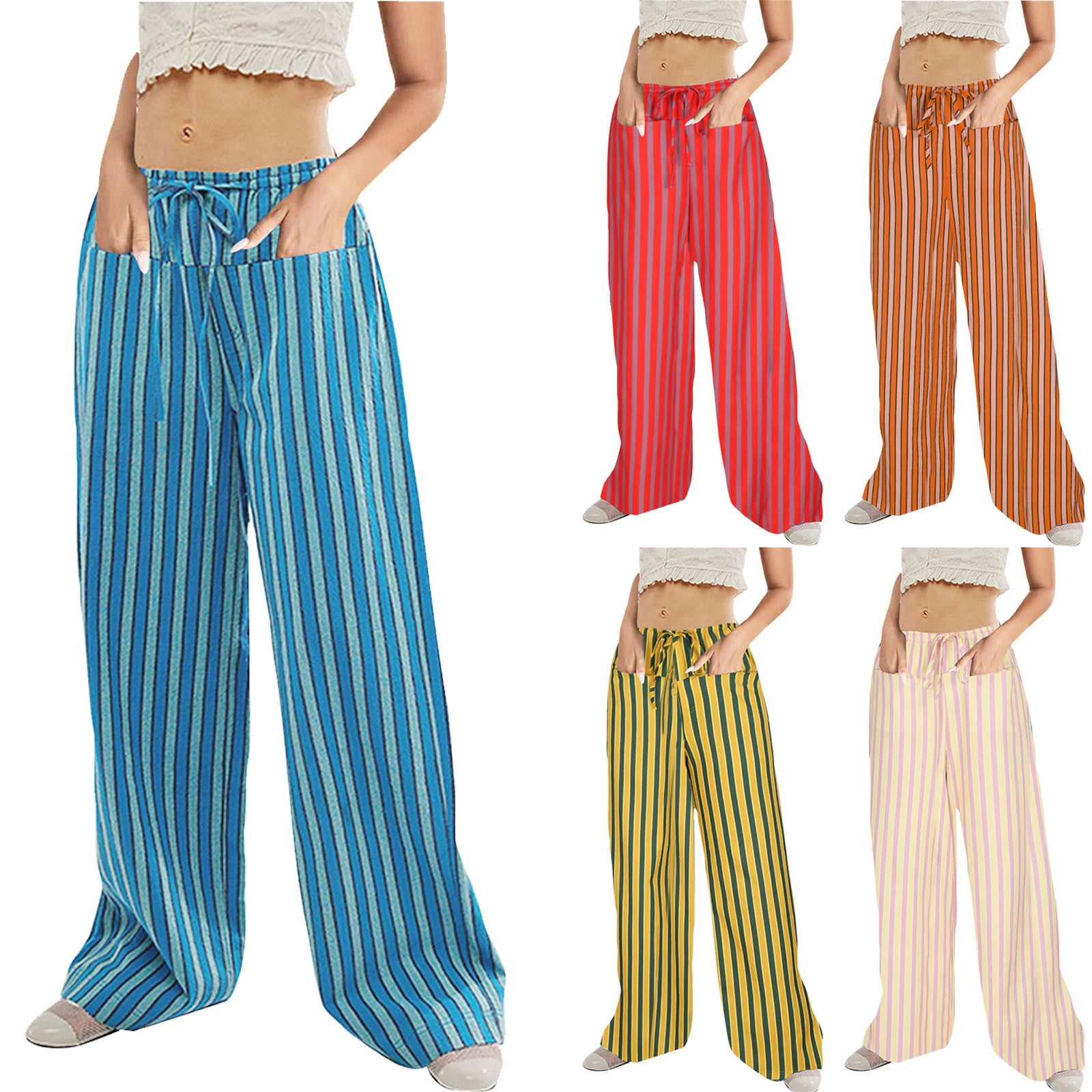 ClodeEU Women's Striped Low Rise Straight Leg Pants ，Street Style Wide ...