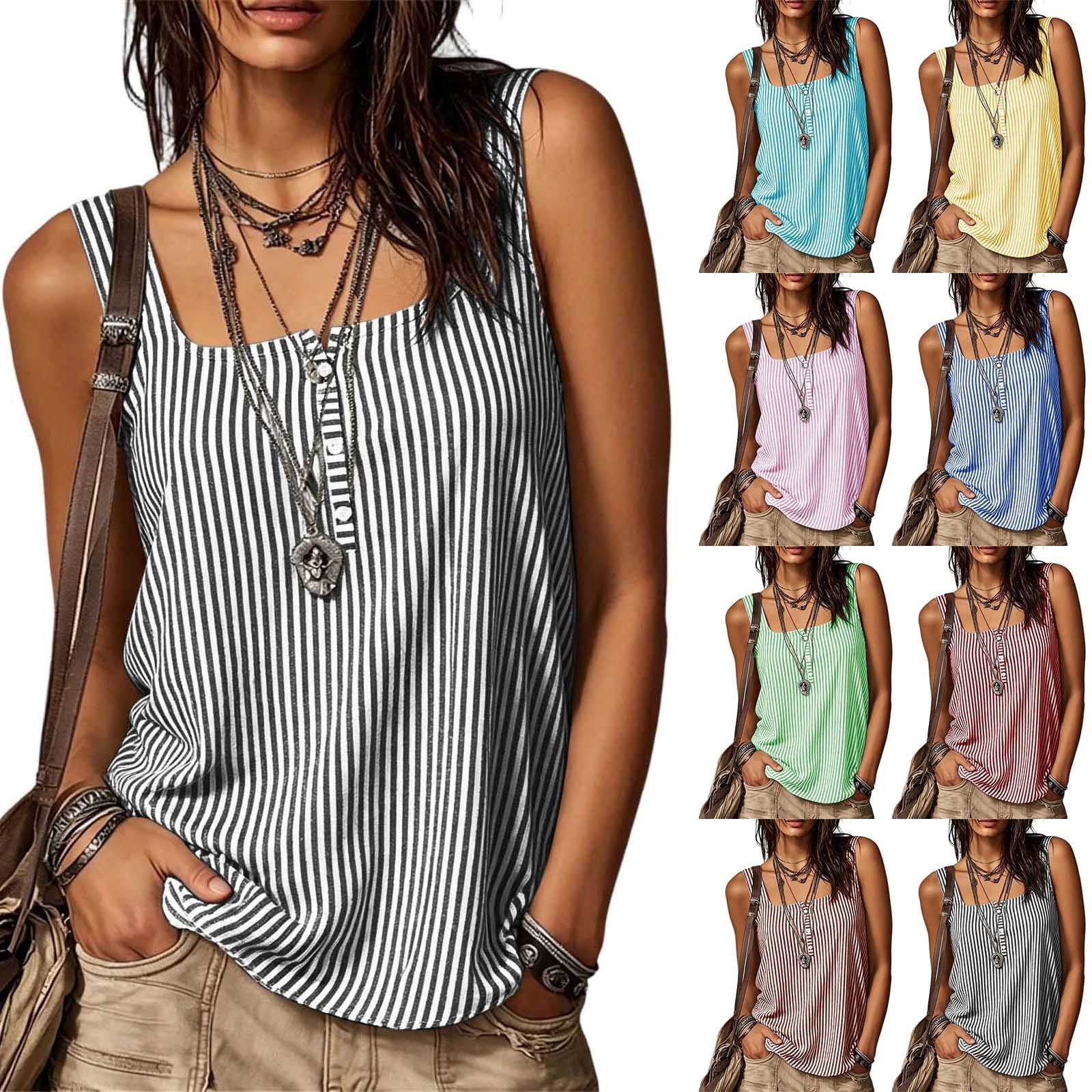 ClodeEU Women's Striped Square Neck Sleeveless Button T-Shirt,Casual ...