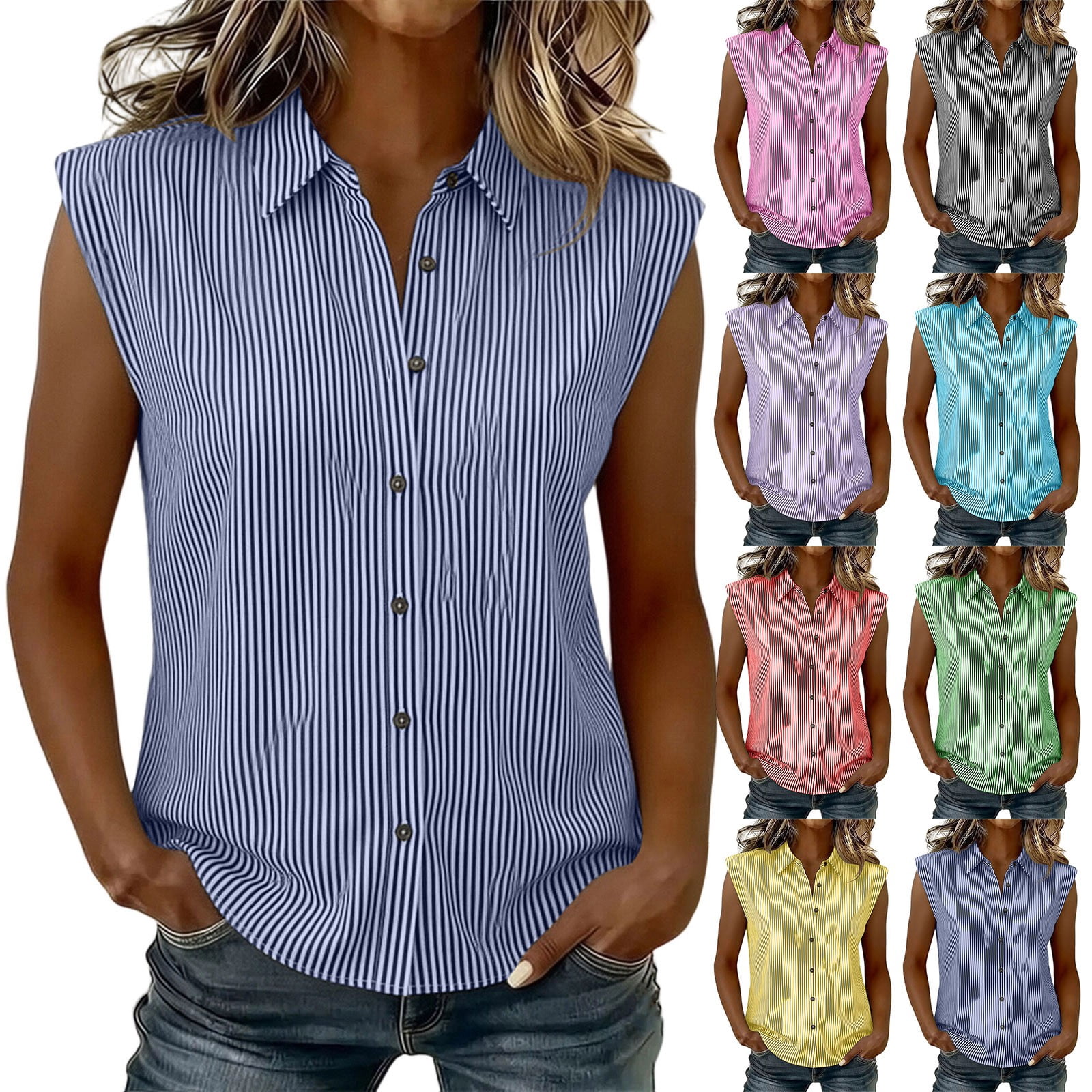 ClodeEU Women's Striped V Neck Cap Sleeve Button Down Shirt,Casual ...