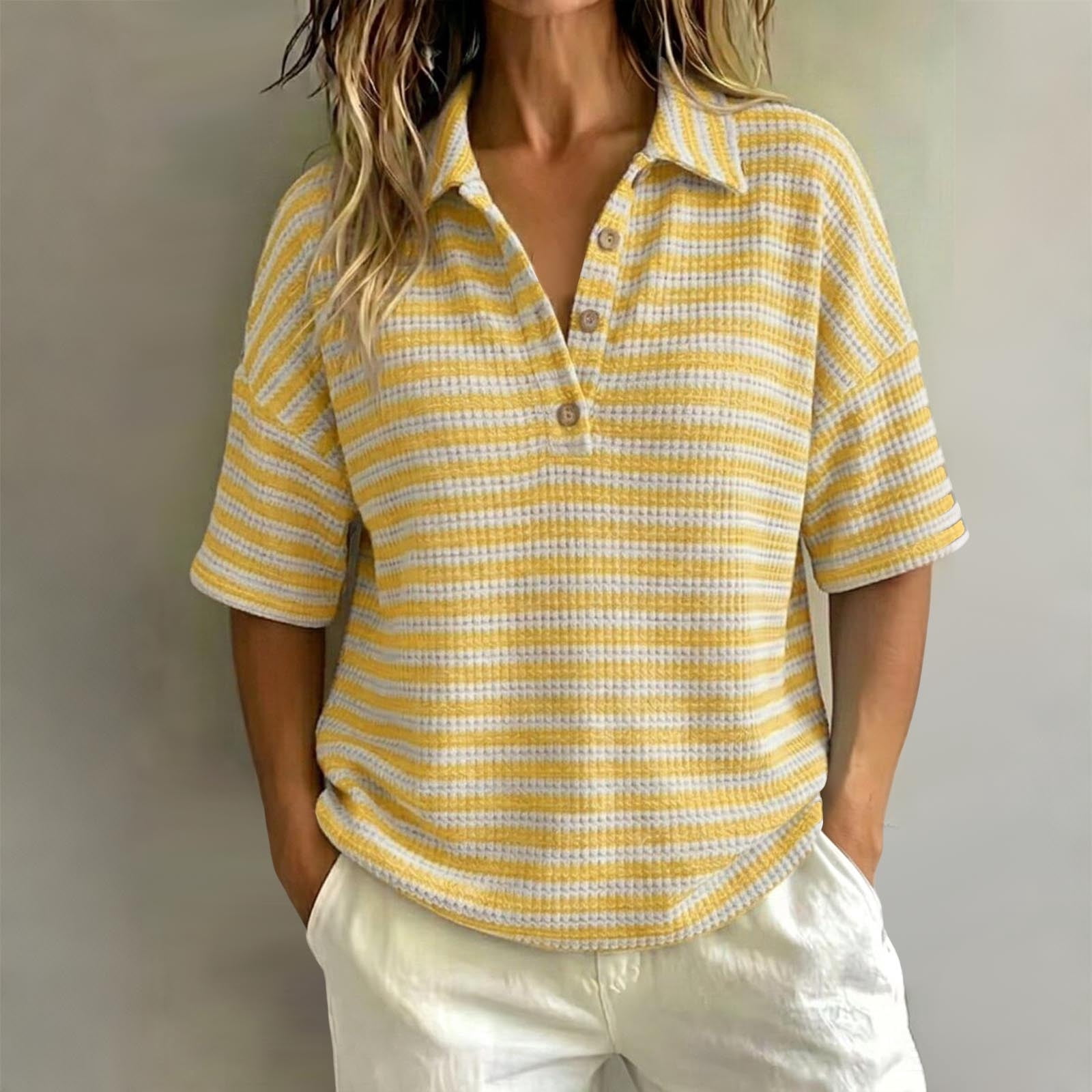 ClodeEU Women's Striped Waffle Knit Half Button Short Sleeve Shirt ...