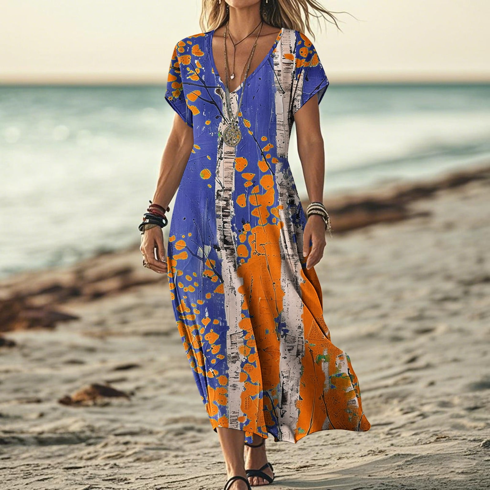 ClodeEU Women's Summer Short SleeveV Neck Flowy Maxi Dresses ,Casual ...