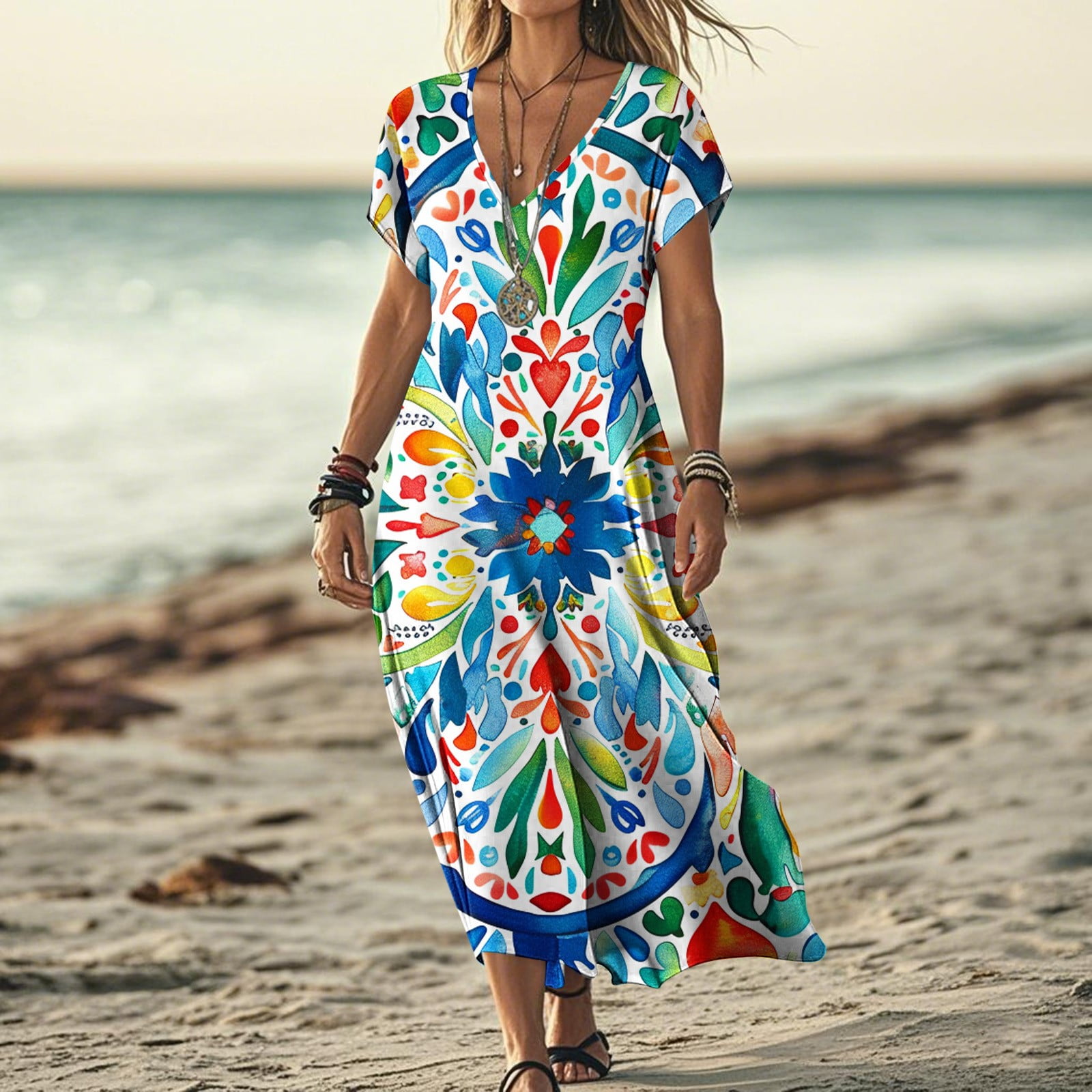 ClodeEU Women's Summer Short SleeveV Neck Flowy Maxi Dresses ,Casual ...