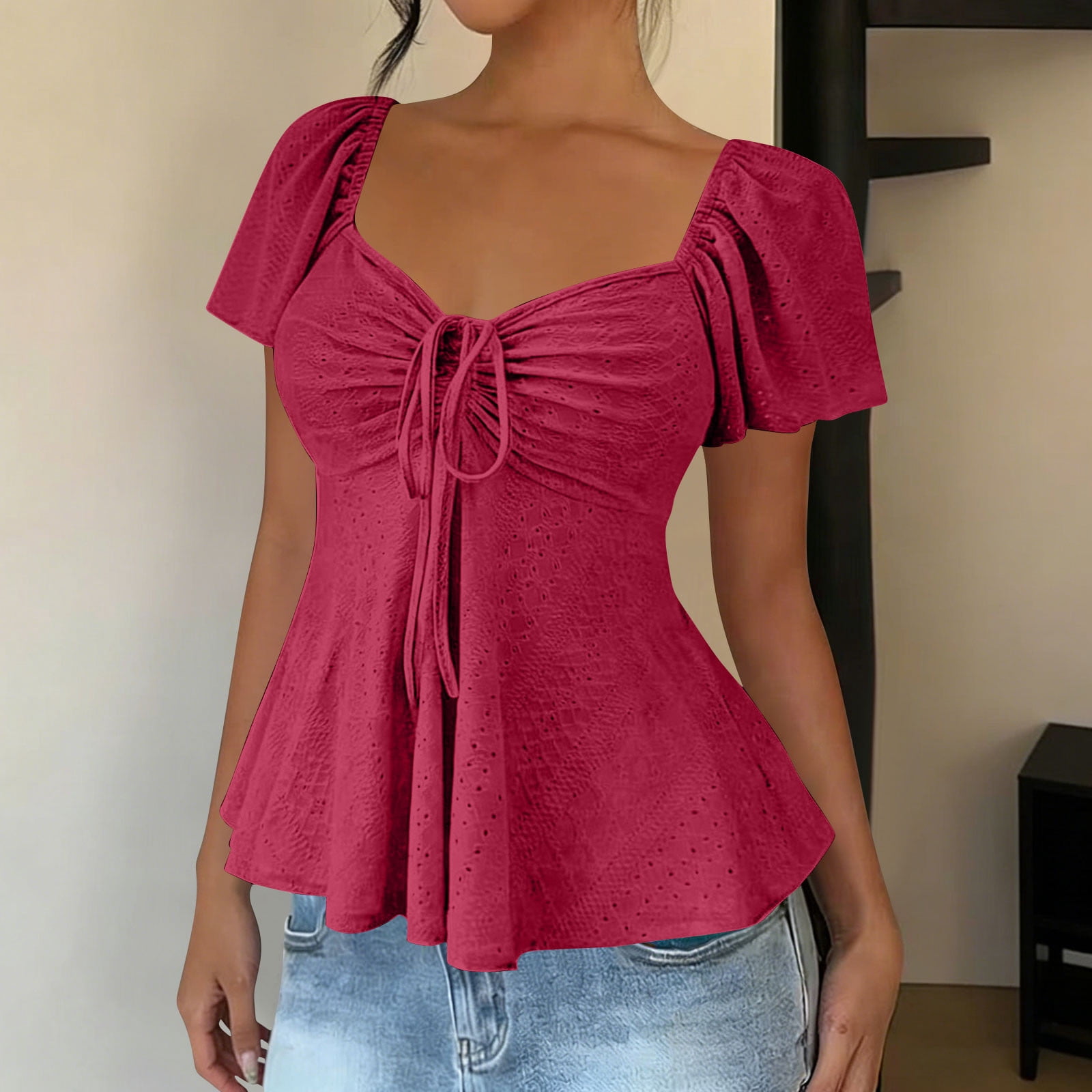 ClodeEU Women's Sweetheart V Neck Drawstring Ruffle Short Sleeve T ...