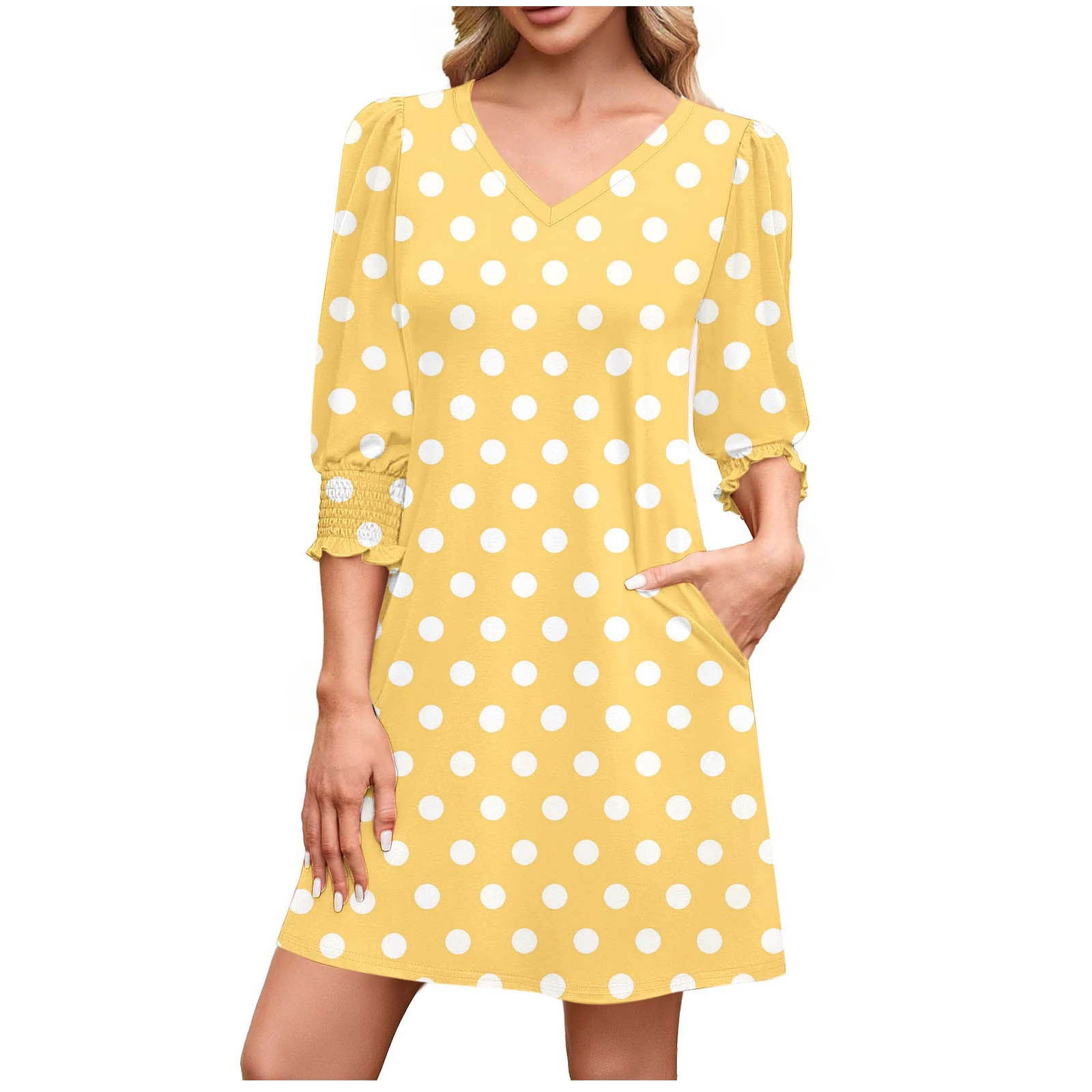 ClodeEU Women's Three Quarter Sleeve V Neck Polka Dot Dress ,Fashion ...