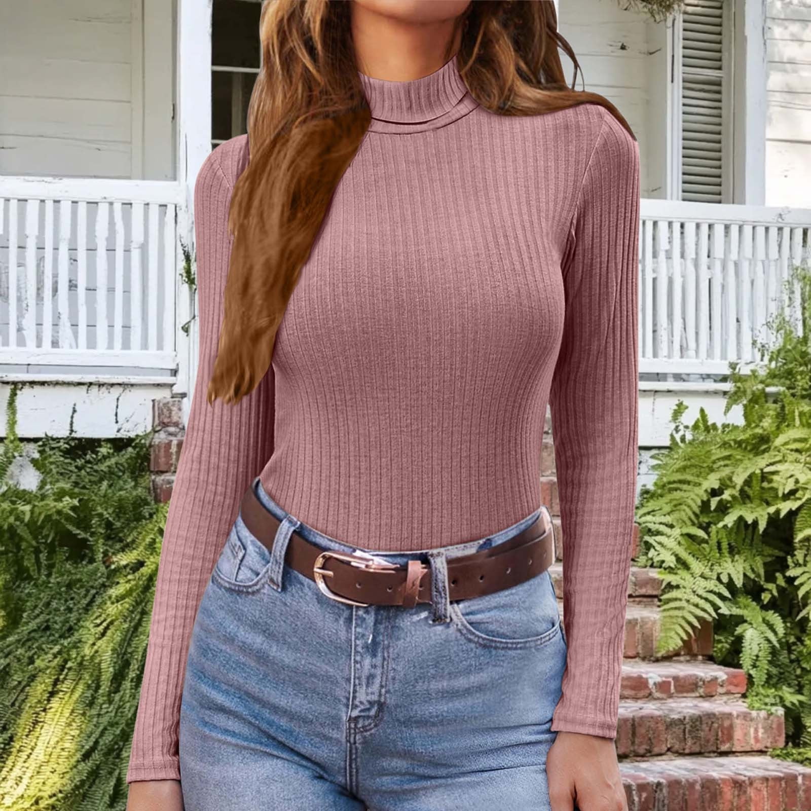 ClodeEU Women's Turtleneck Long Sleeve Shirts,Ribbed Brushed Fall ...