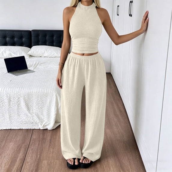 ClodeEU Women's Two Piece Outfit,Sleeveless Halter Tank Top and Wide ...