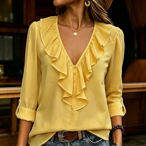 ClodeEU Women's V Neck 3/4 Roll Up Sleeve Ruff Blouse,Casual Loose Fit ...