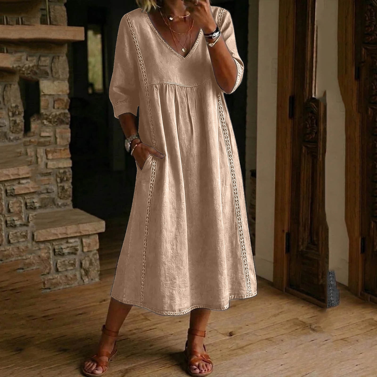 ClodeEU Women's V Neck 3/4 Sleeve Button Maxi Dress with Pockets ,Solid ...