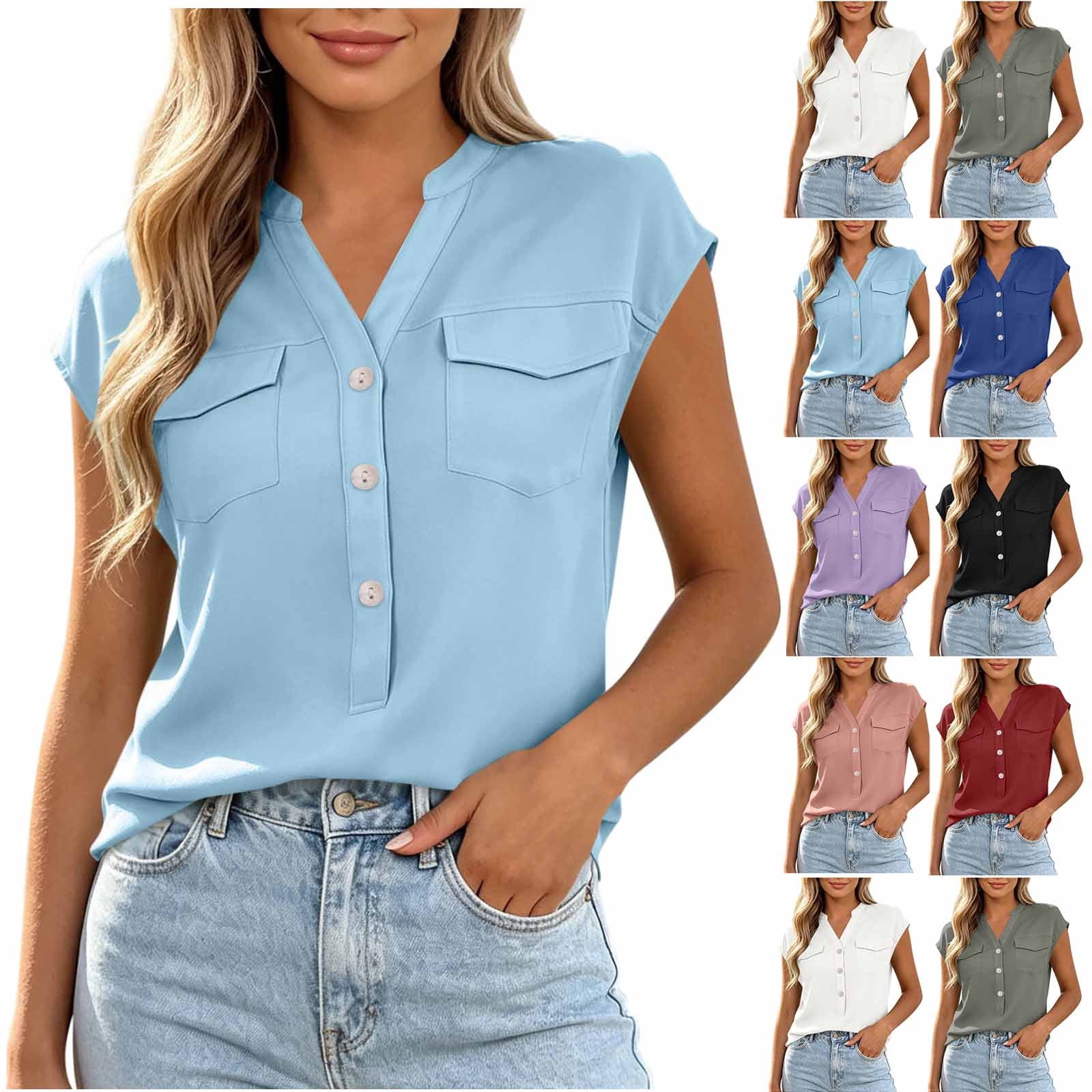 ClodeEU Women's V Neck Cap Sleeve Henley Blouse,Casual Solid Color ...