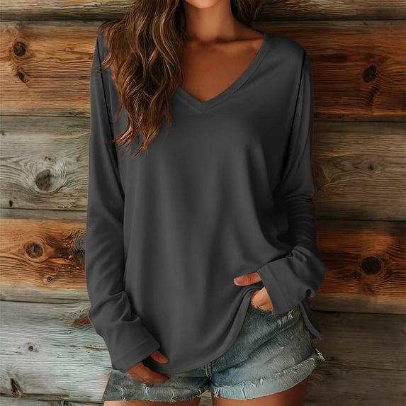 ClodeEU Women's V Neck Long Sleeve Loose Fit T Shirt,Casual Basic Tee ...