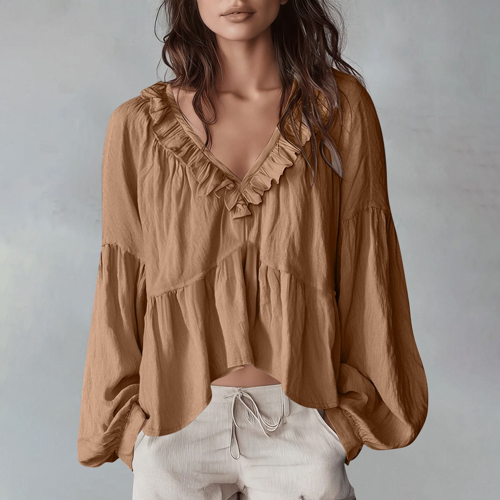 ClodeEU Women's V Neck Long Sleeve Ruffled Blouse,Casual Loose Fit Boho ...