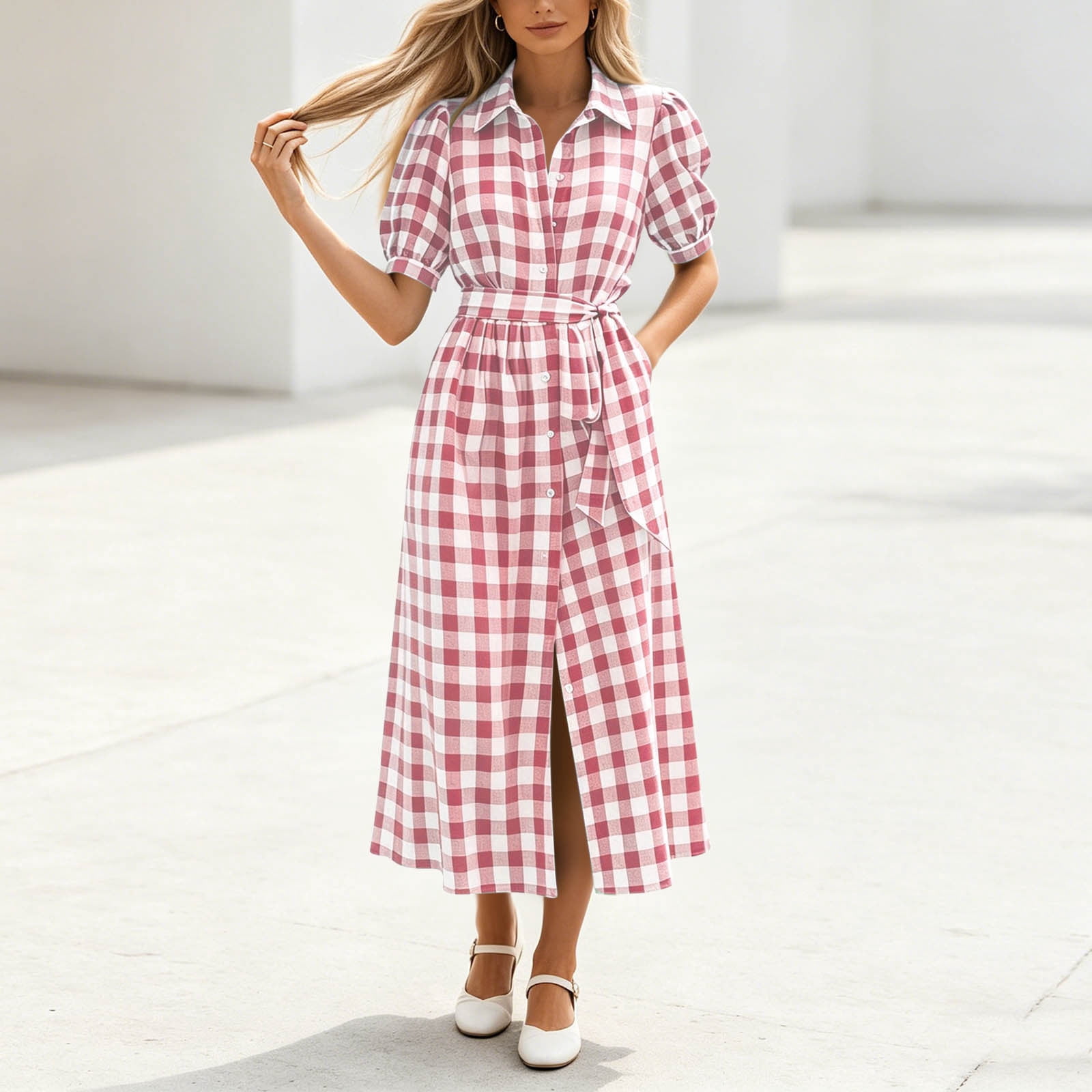 ClodeEU Women's V Neck Puff Sleeve Plaid Midi Dress,Casual A Line Dress ...