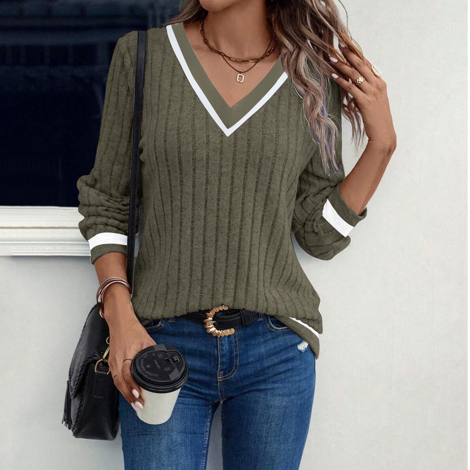 ClodeEU Women's V Neck Ribbed Knit Sweater,Trendy Long Sleeve Casual ...