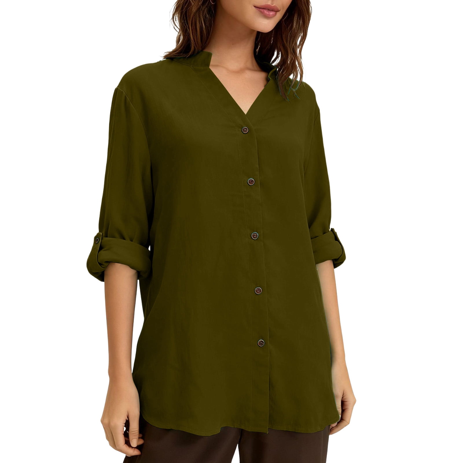 ClodeEU Women's V Neck Roll Up Sleeve Button Down Shirt, Casual Loose ...