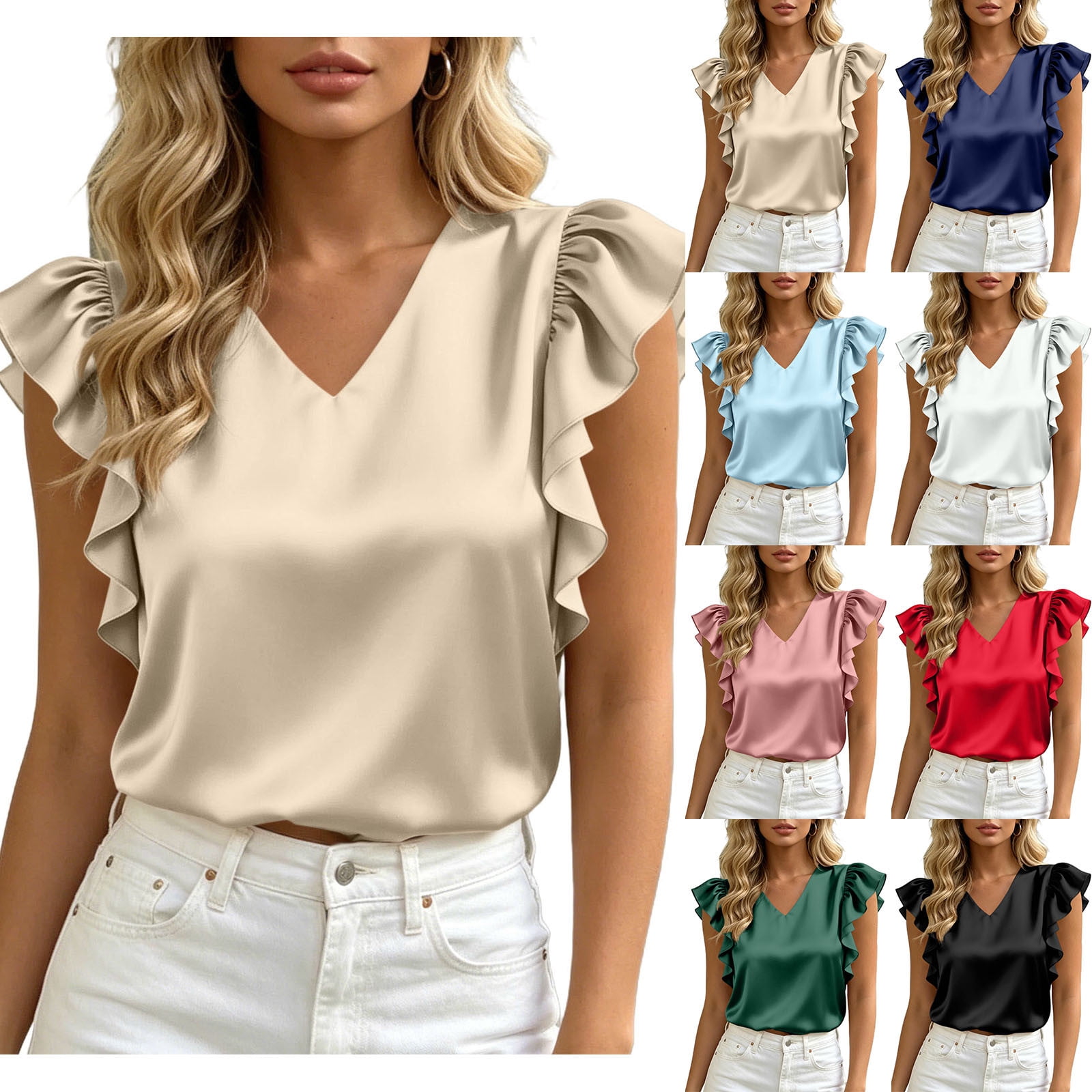 ClodeEU Women's V Neck Ruffle Short Sleeve Blouse, Casual Solid Color ...
