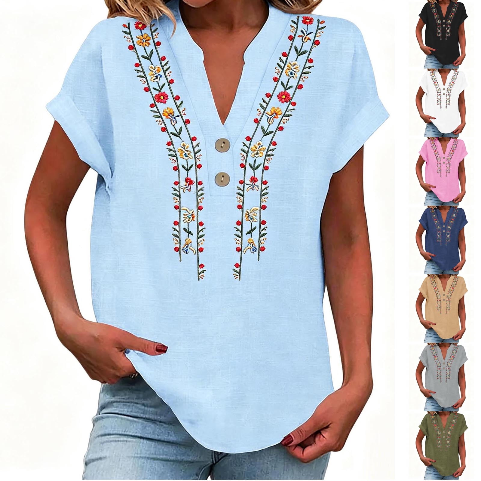 ClodeEU Women's V Neck Short Sleeve Embroidered Blouse,Casual Loose Fit ...
