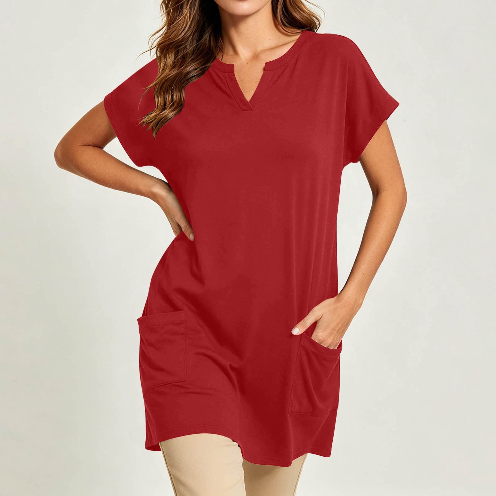 ClodeEU Women's V Neck Short Sleeve Longline Top,Casual Loose Fit ...