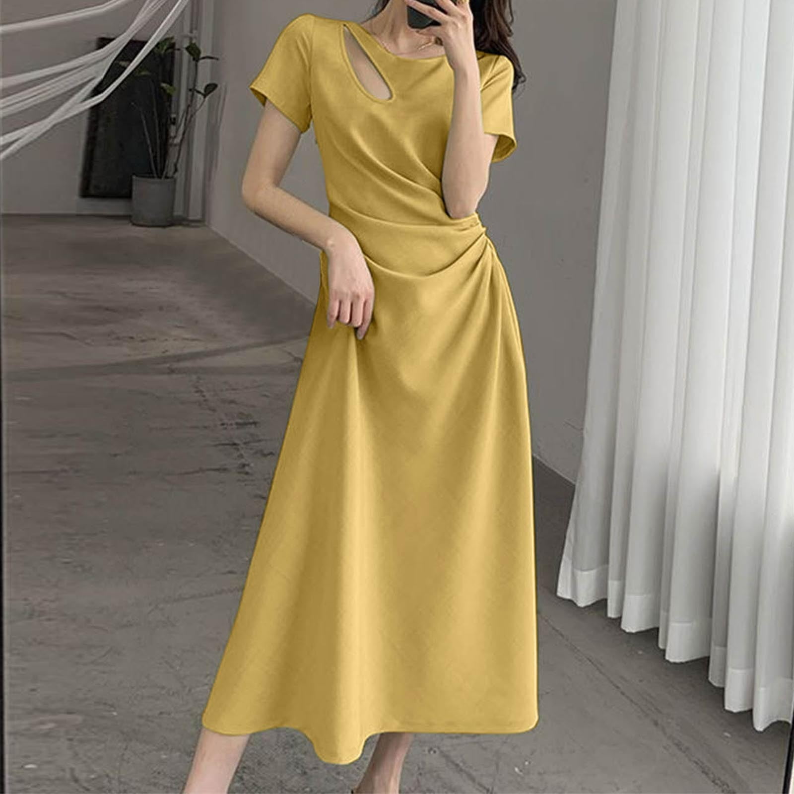 ClodeEU Women's V Neck Short Sleeve Ruched Waist A Line Midi Dress ...