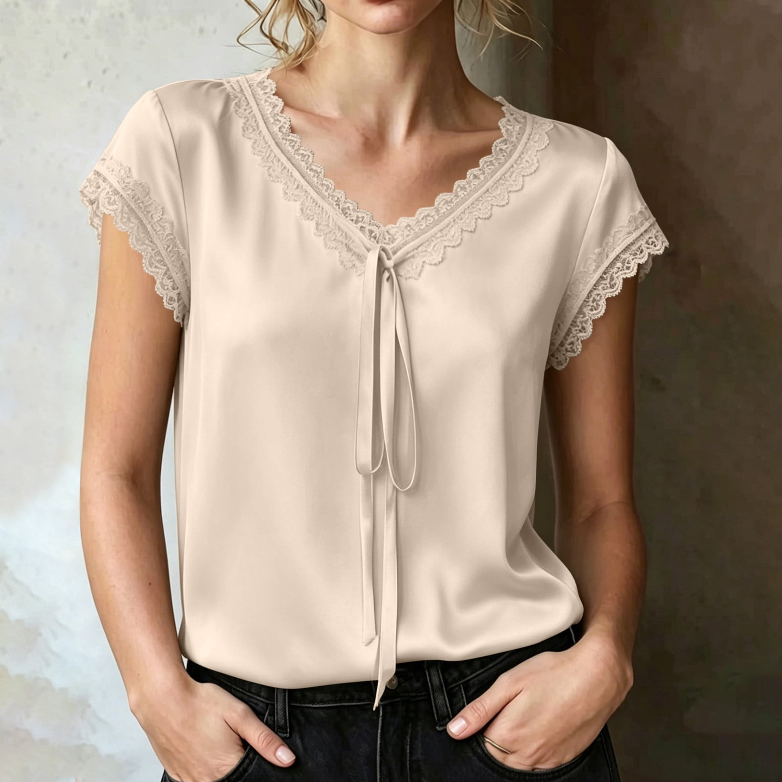 ClodeEU Women's V Neck Short Sleeve Satin Top with Lace Trim,Casual ...