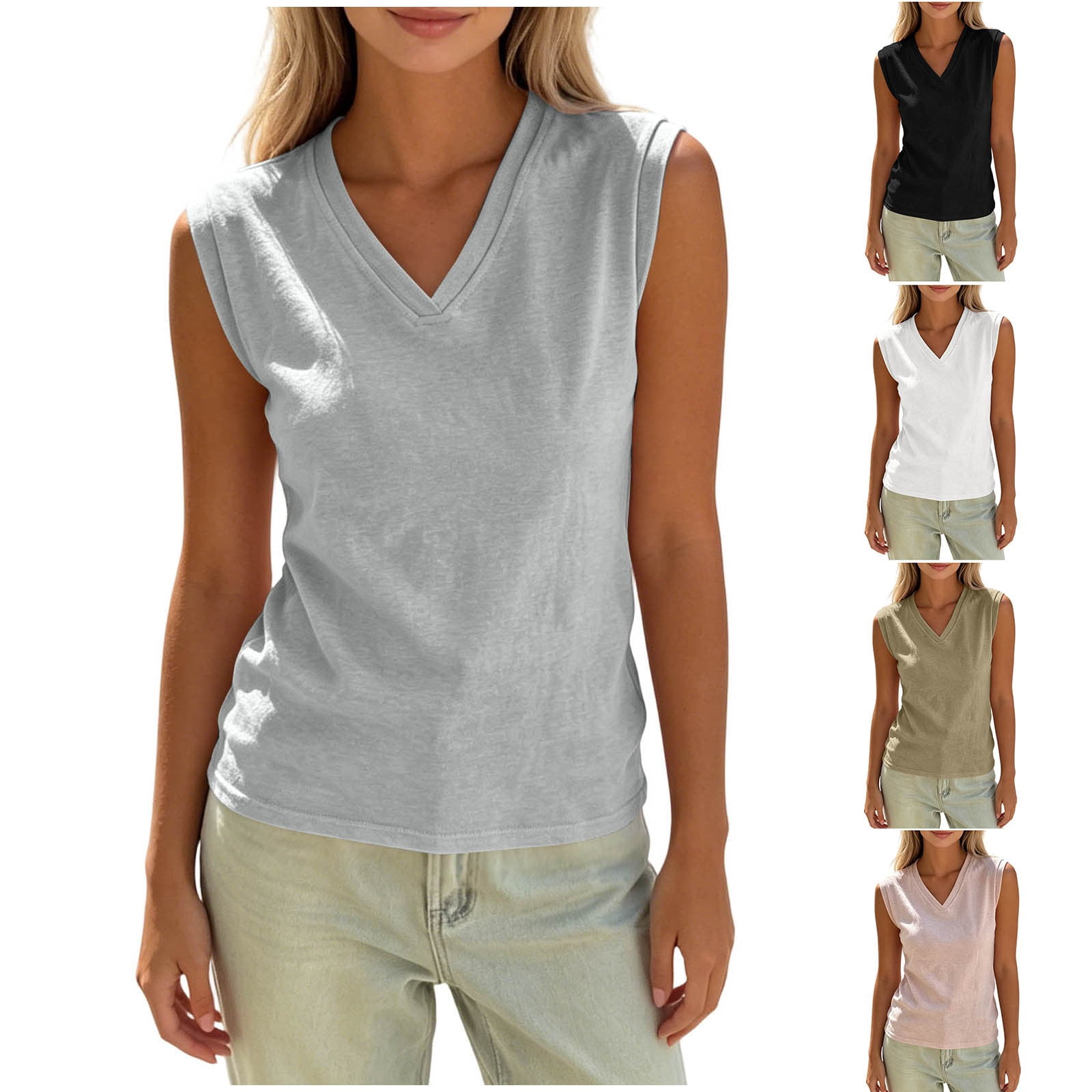 ClodeEU Women's V Neck Sleeveless Tank Top ,Solid Color Casual Summer ...