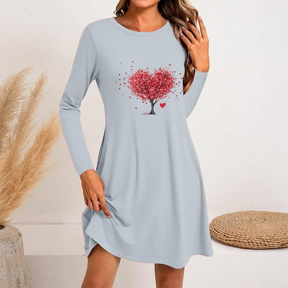 ClodeEU Women's Valentine's Day Print Long Sleeve Round Neck Dress ...