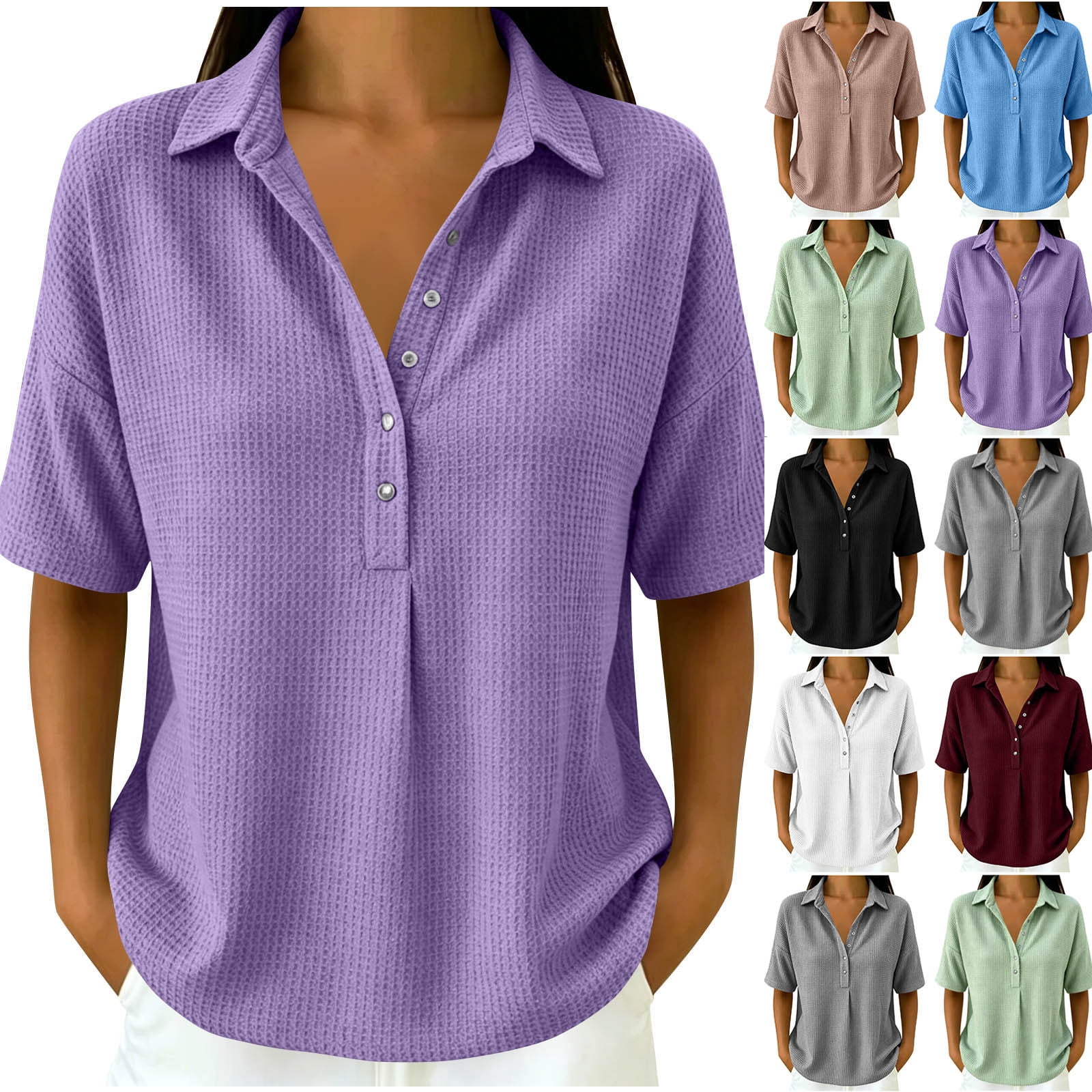 ClodeEU Women's Waffle Knit V Neck Short Sleeve Button Front Top ,Solid ...