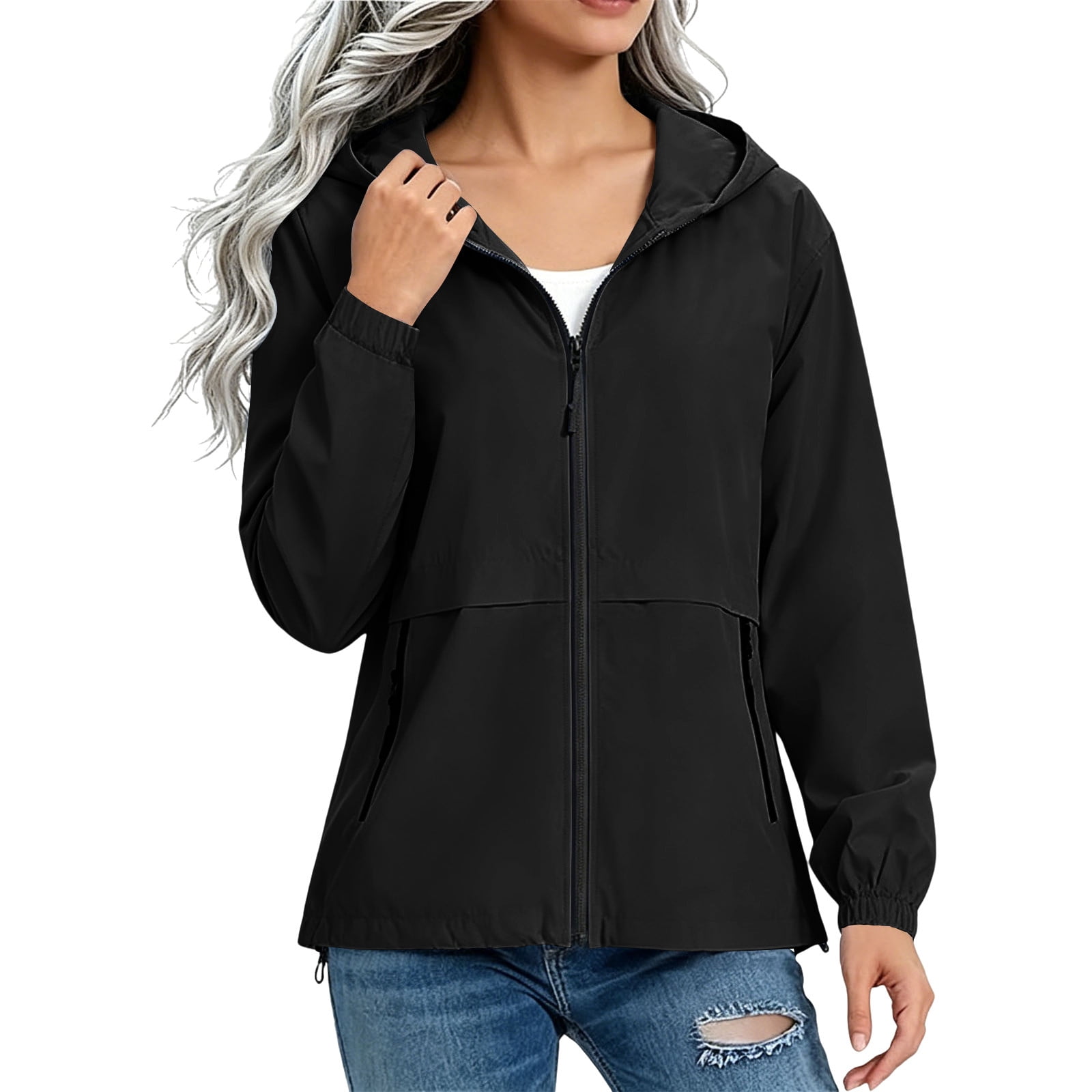 ClodeEU Women's Waterproof Zip Hooded Rain Jacket,Casual Windbreaker ...