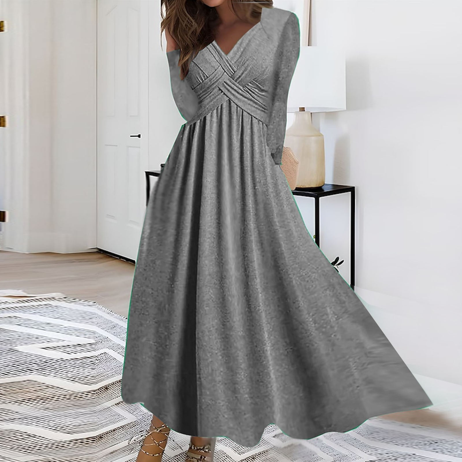 ClodeEU Women's Wrap V Neck Long Sleeves Maxi Dress,Casual Dress Loose ...
